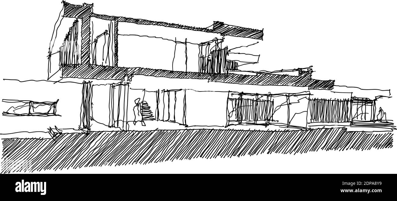 hand drawn architectural sketch of section of modern two story detached ...
