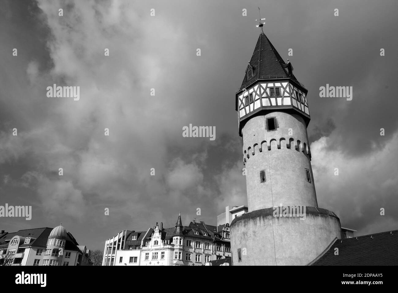 A low angle greyscale view of the Bockenheimer Warte watchtower in ...