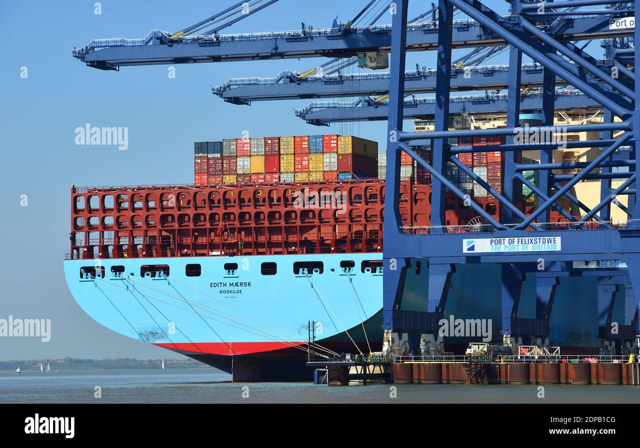 Large Container Ship being loaded at Felixstowe Port Stock Photo - Alamy