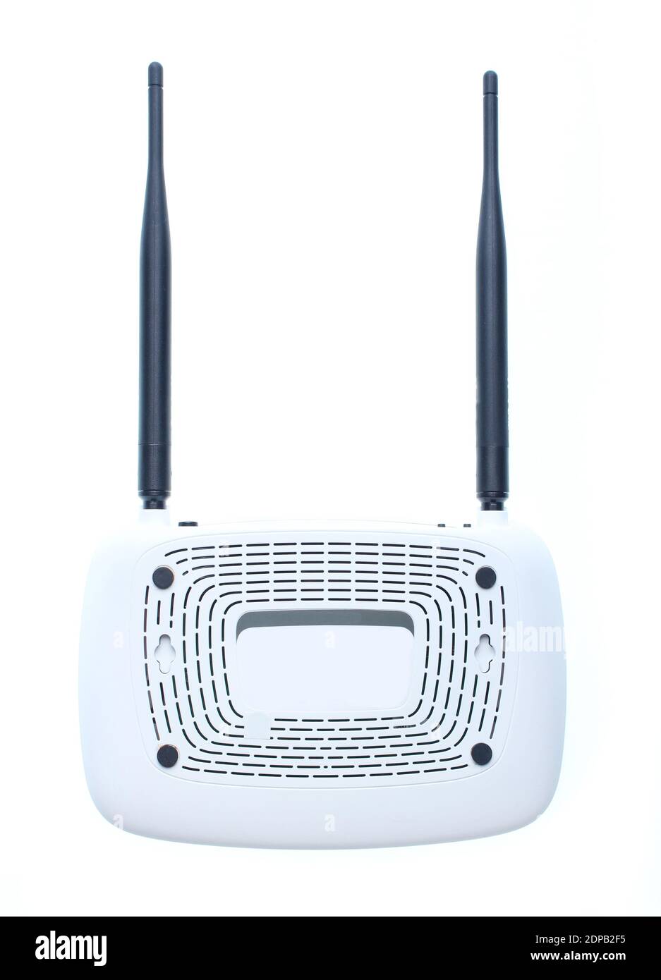 Two-antenna Wi fi router back side isolated on white background Stock ...