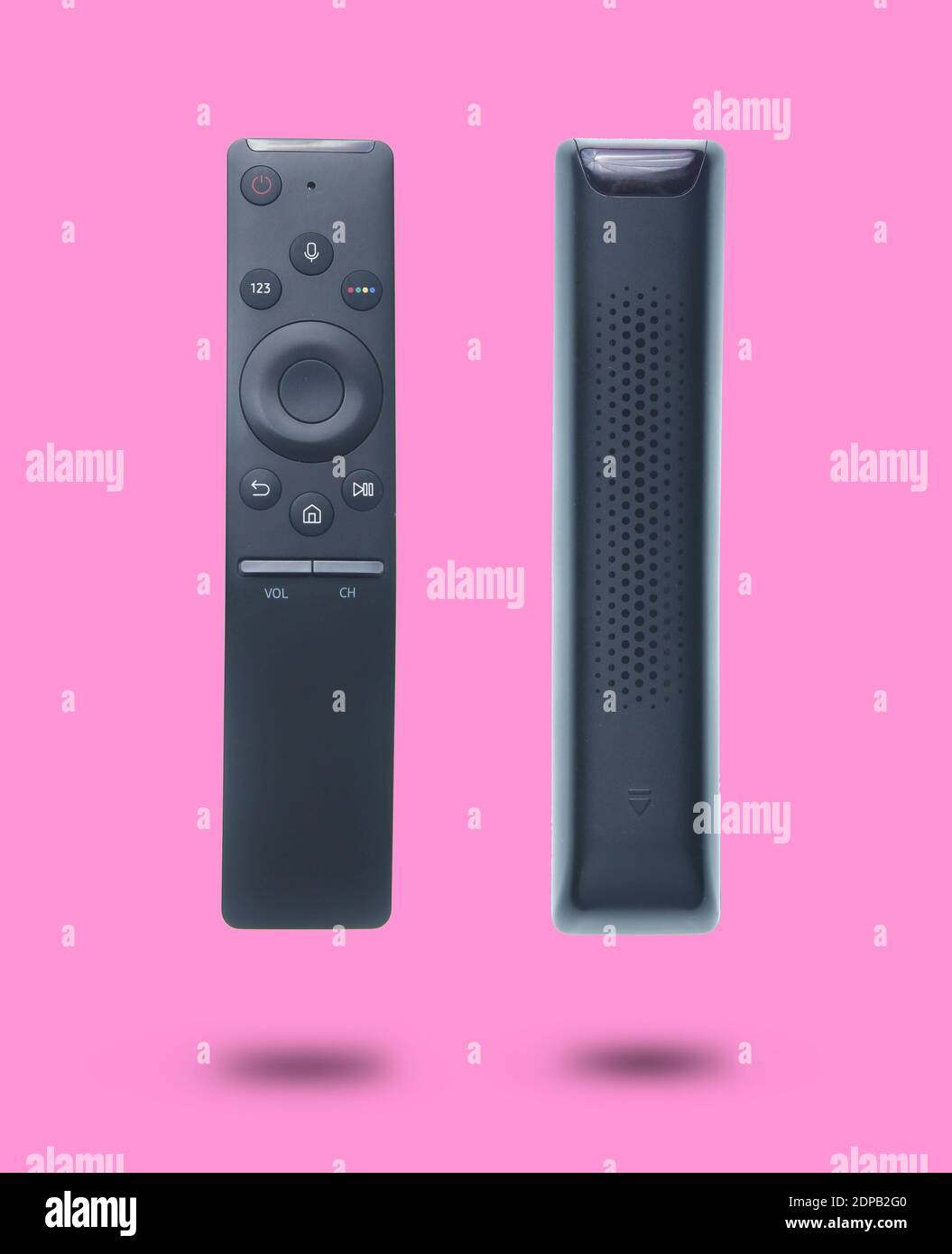 Modern tv remote isolated on pink background.Set of two different ...