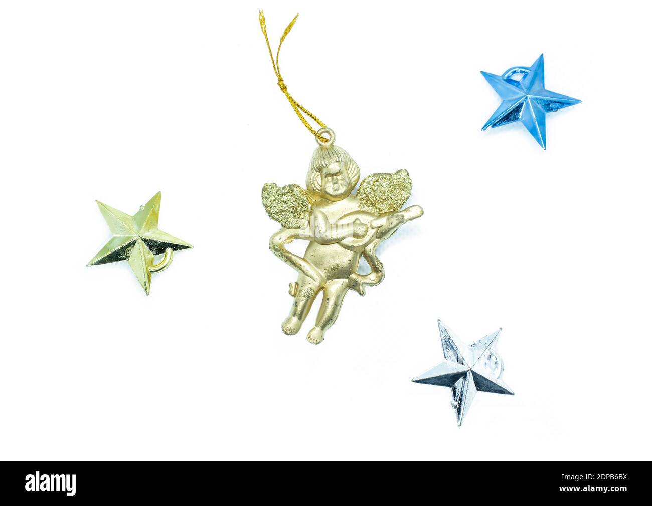little golden angel surrounded by colorful stars is isolated on a white ...
