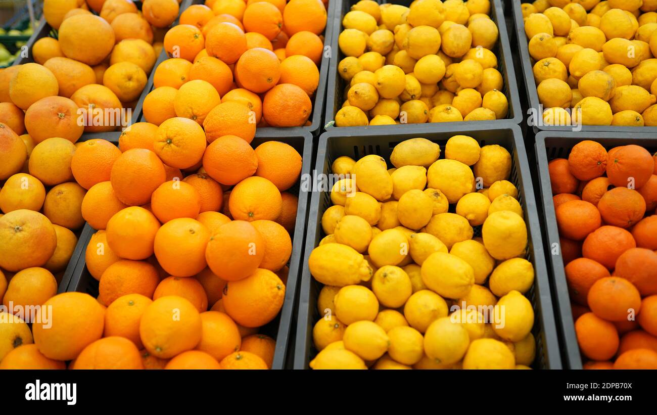 Different variety of citrus for sale in supermarket Stock Photo - Alamy