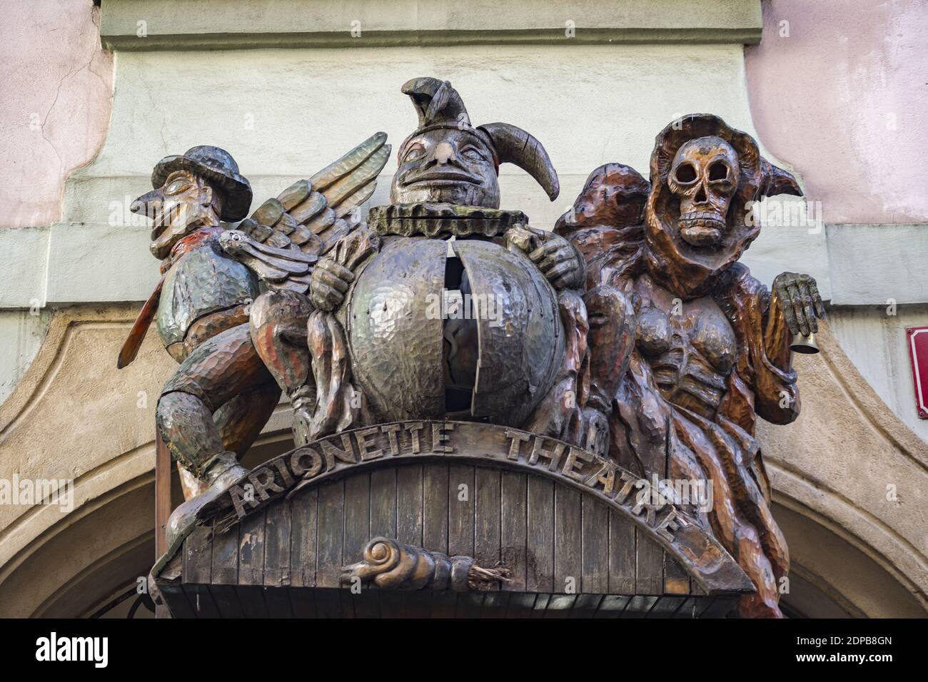 The marquee sign for a Marionette Theatre in Prague features several ...