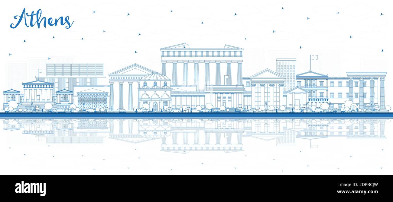 Outline Athens Greece City Skyline with Blue Buildings and Reflections ...