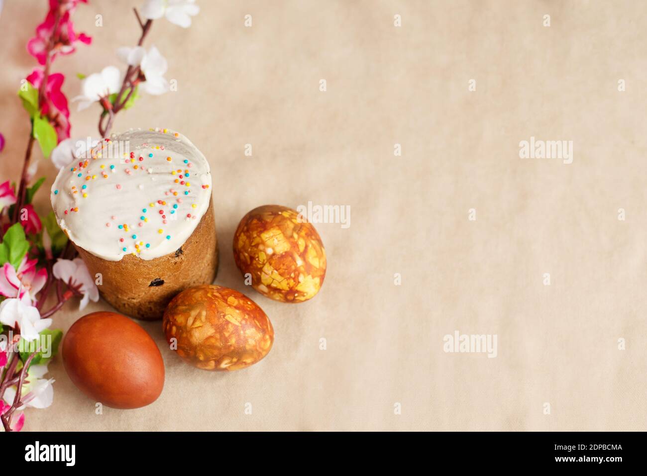 classic Slavic Easter cake with Easter eggs on light beige background ...