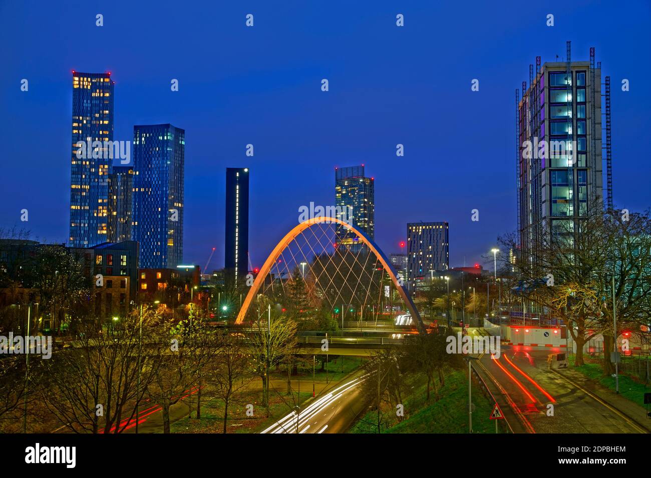 Modern 2021Manchester skyline from south with Hulme Arch featuring and ...