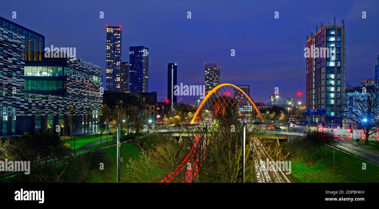 Modern 2021 Manchester skyline from south with Hulme Arch featuring and ...