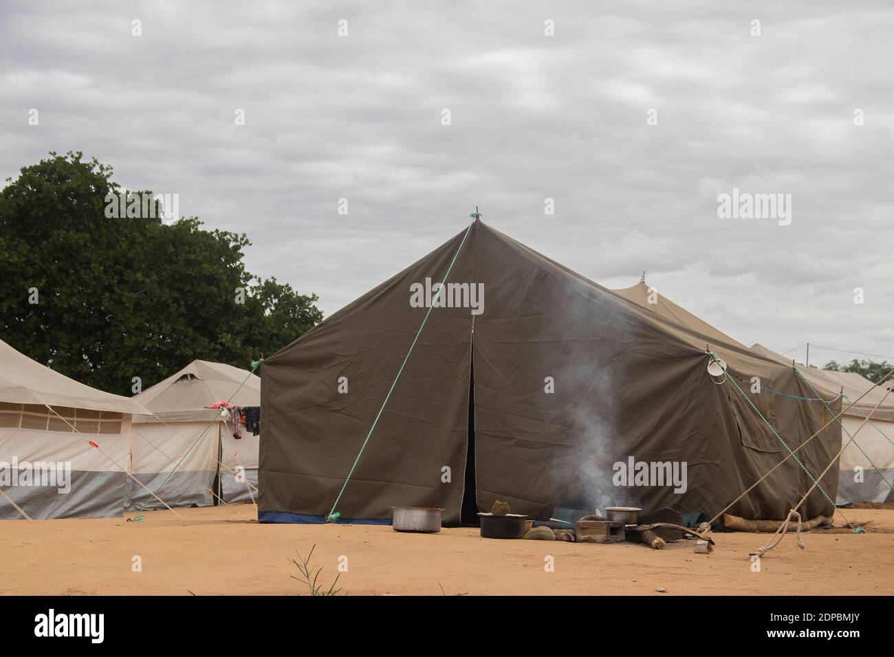 Refugee camp made of tents, people living in very poor conditions, lack ...