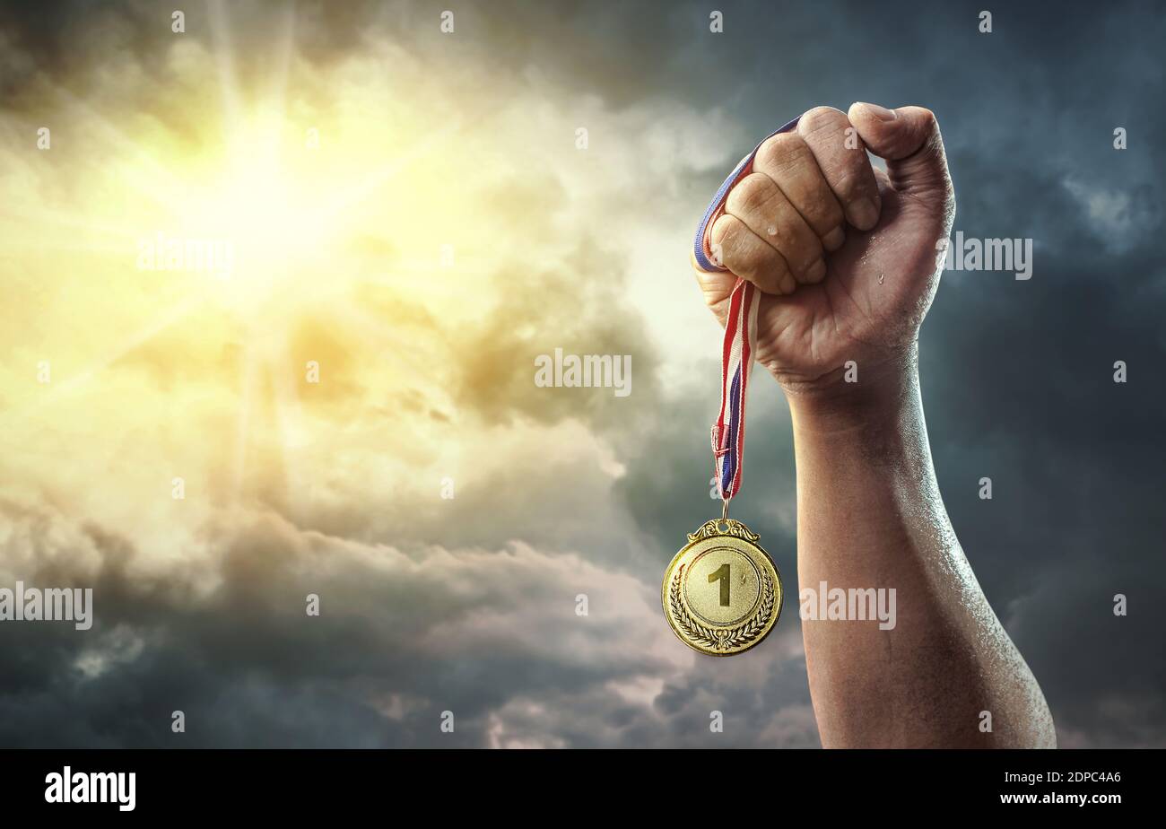 Medal for the first place on sky background. Victory concept Stock ...