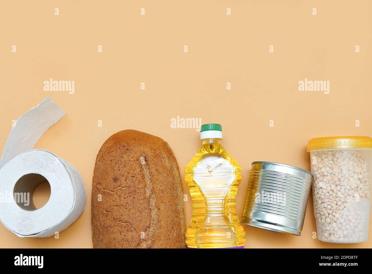 Donation various food. oil, canned food, bread, toilet paper. copyspace ...