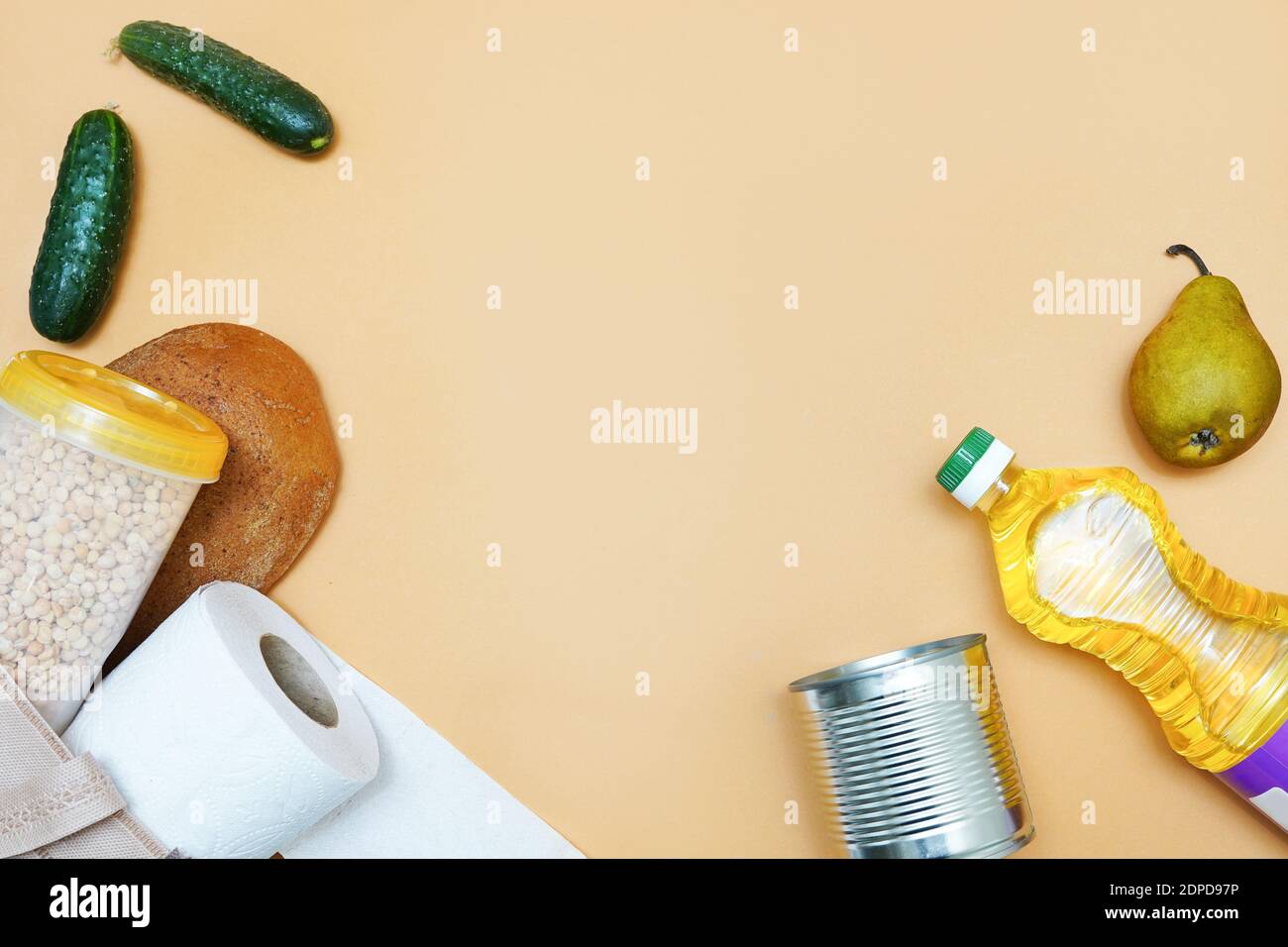 Donation various food. oil, canned food, bread, toilet paper. copyspace ...