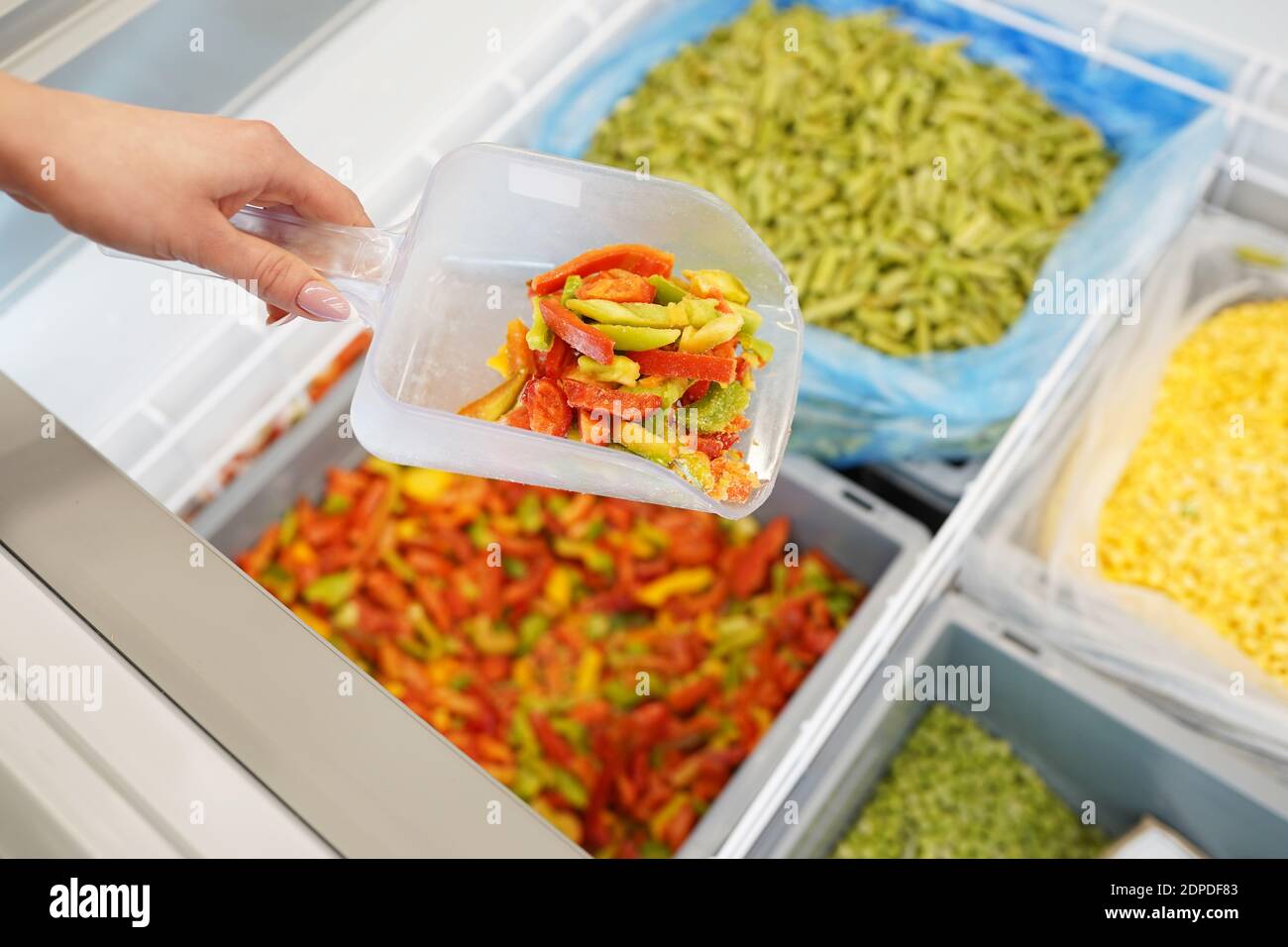 Woman's hand taking frozen pepper in the mall. Selection of Frozen ...