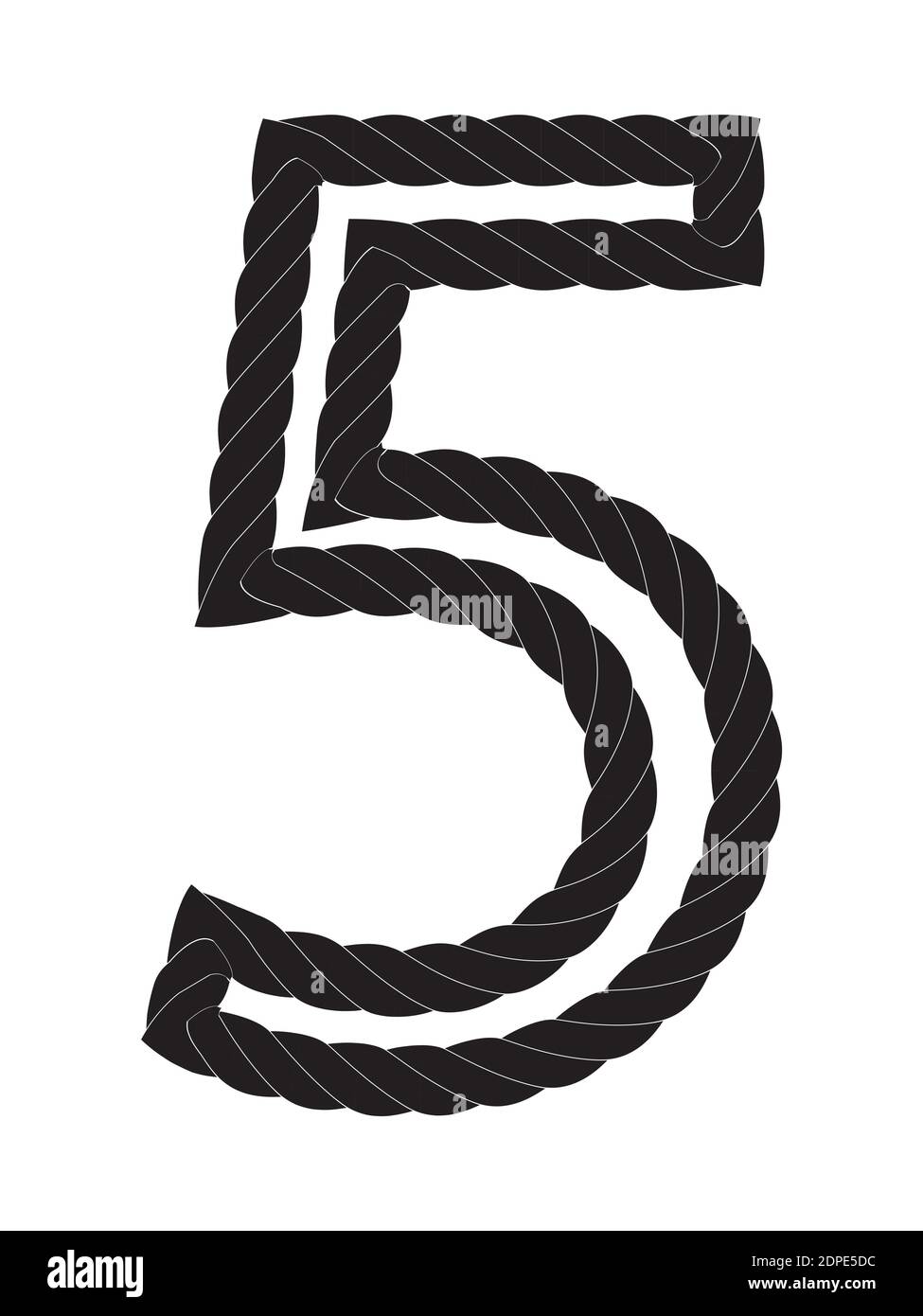Black and white number five made from rope Isolated on white background ...