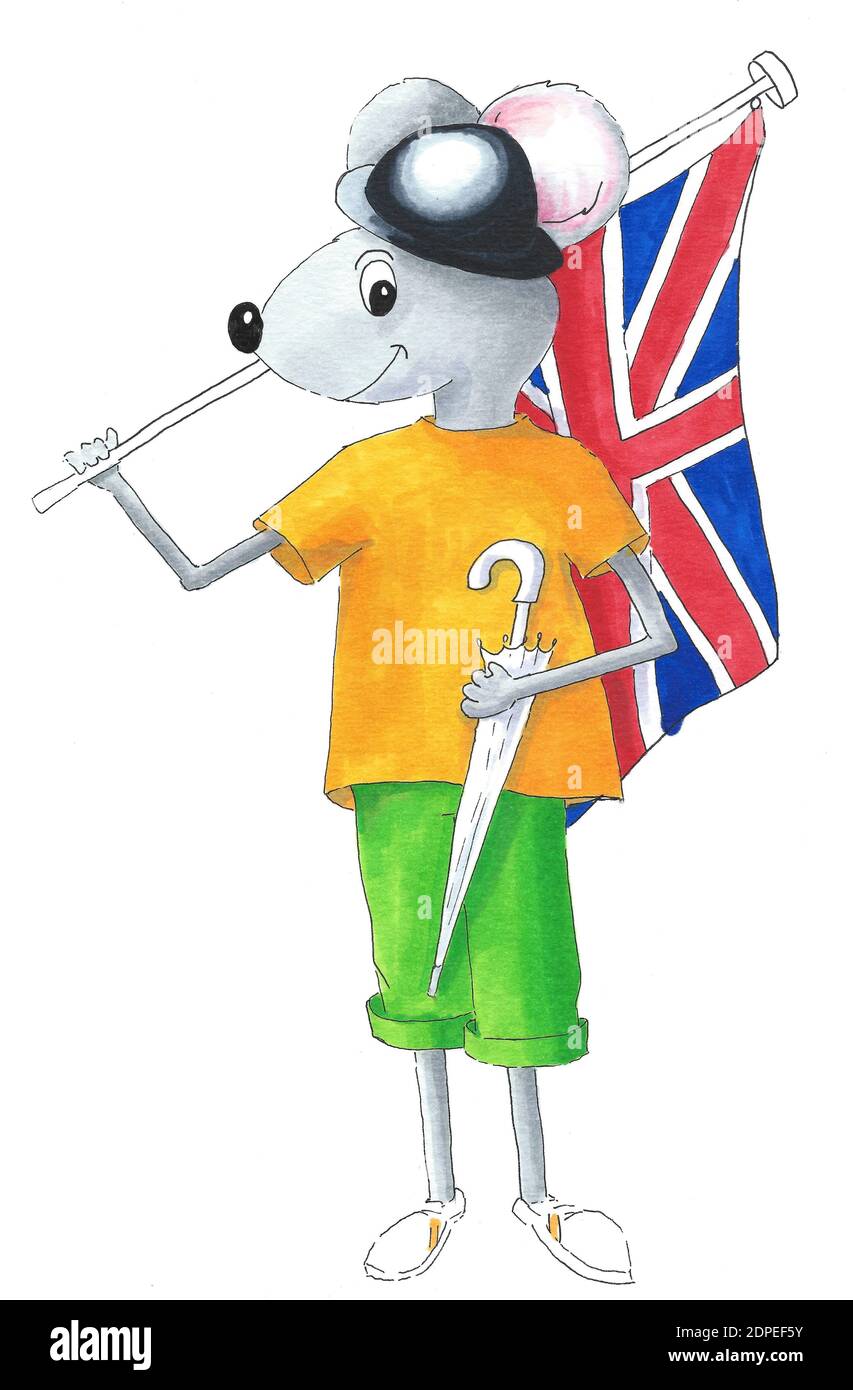 Typical British mouse with bowler hat, umbrella and flag isolated over ...