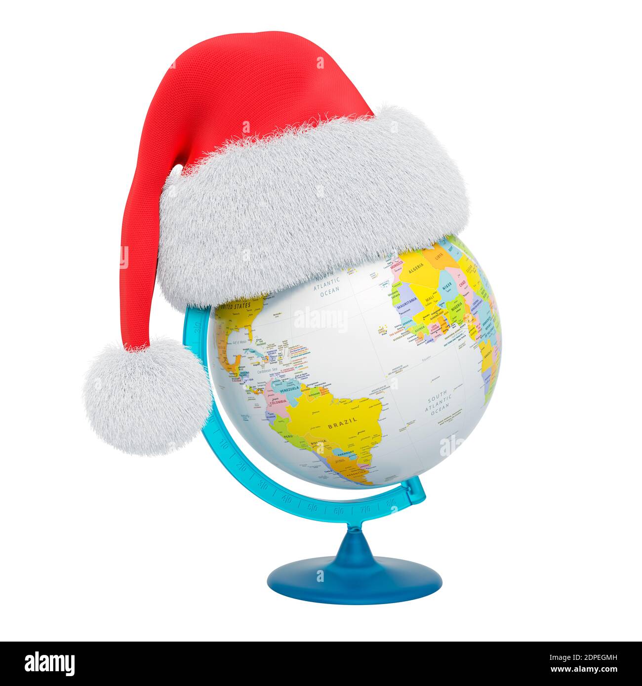 Geographical globe of planet Earth with Santa Claus red Christmas hat ...