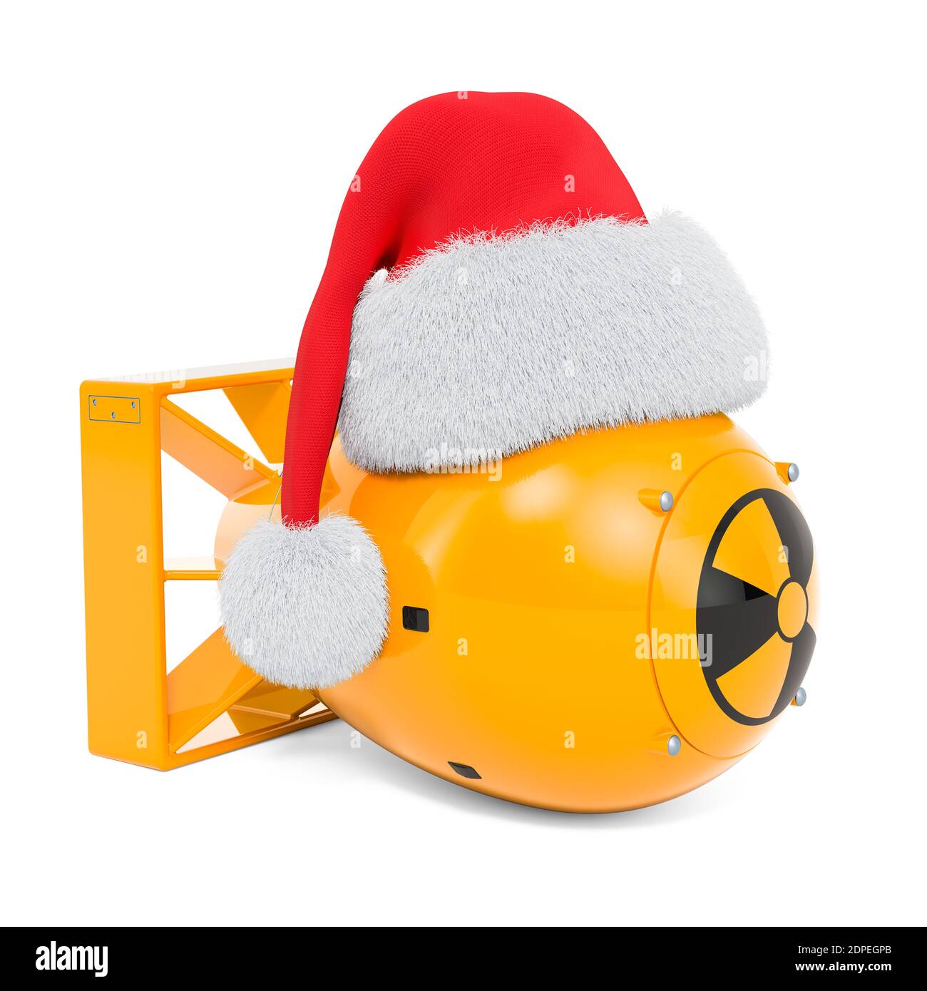 Yellow atomic bomb with Santa Claus red Christmas hat, 3D rendering ...