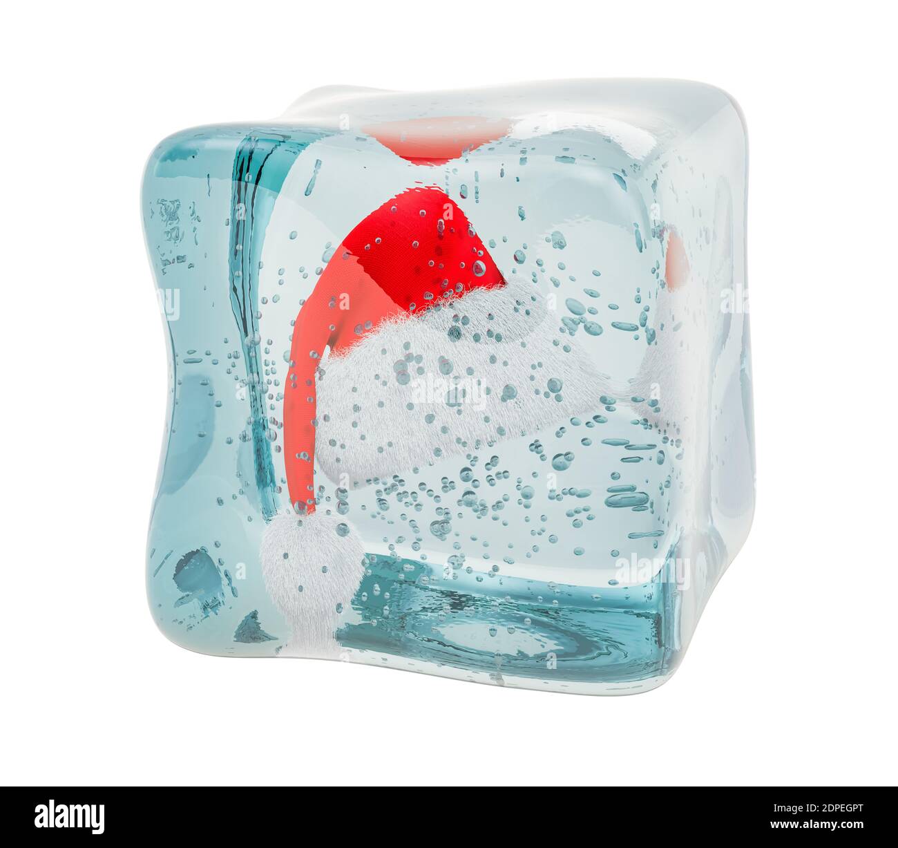 Santa Claus red Christmas hat frozen in ice cube, 3D rendering isolated ...