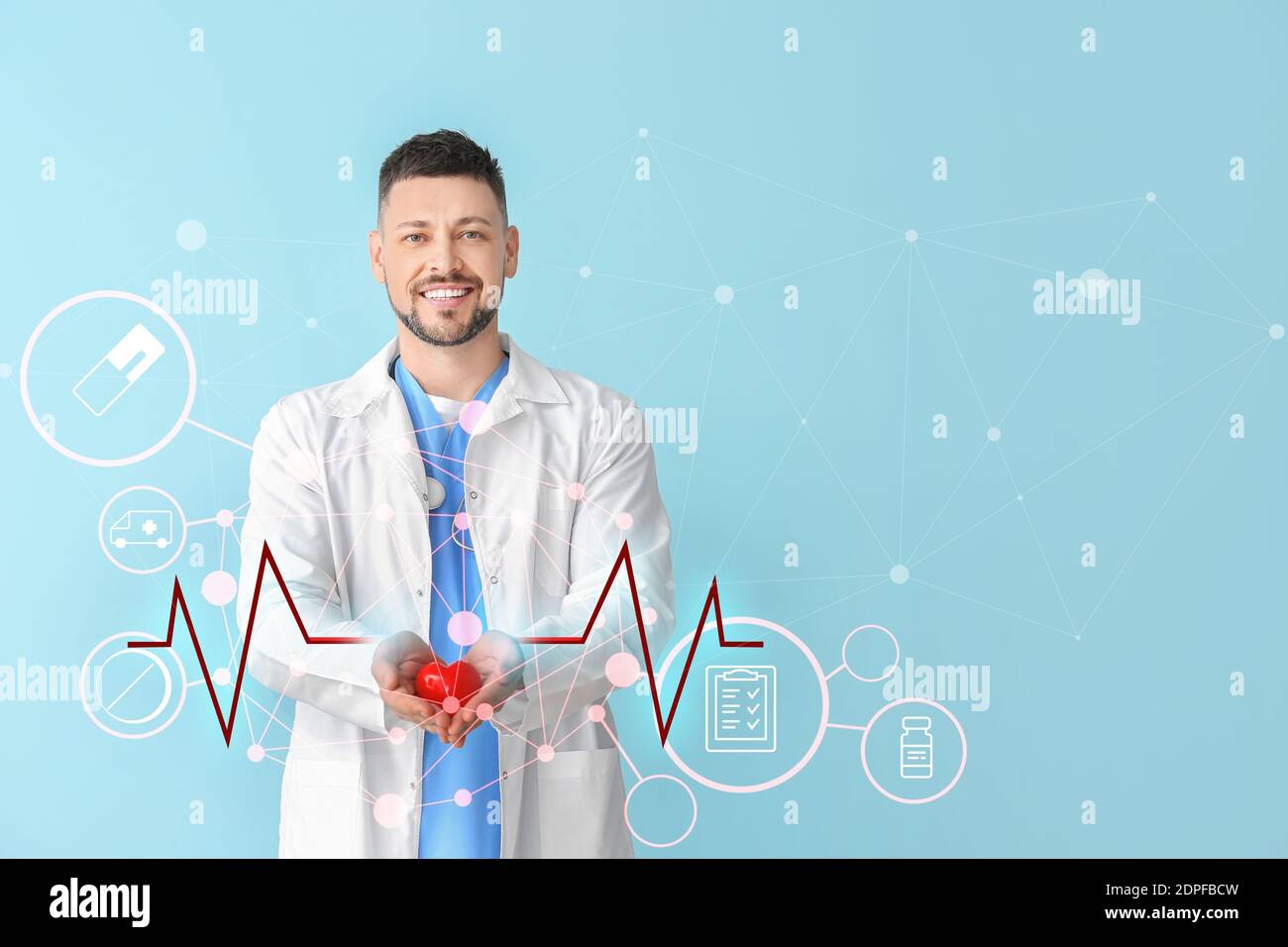 Male cardiologist with red heart and virtual screen on color background ...