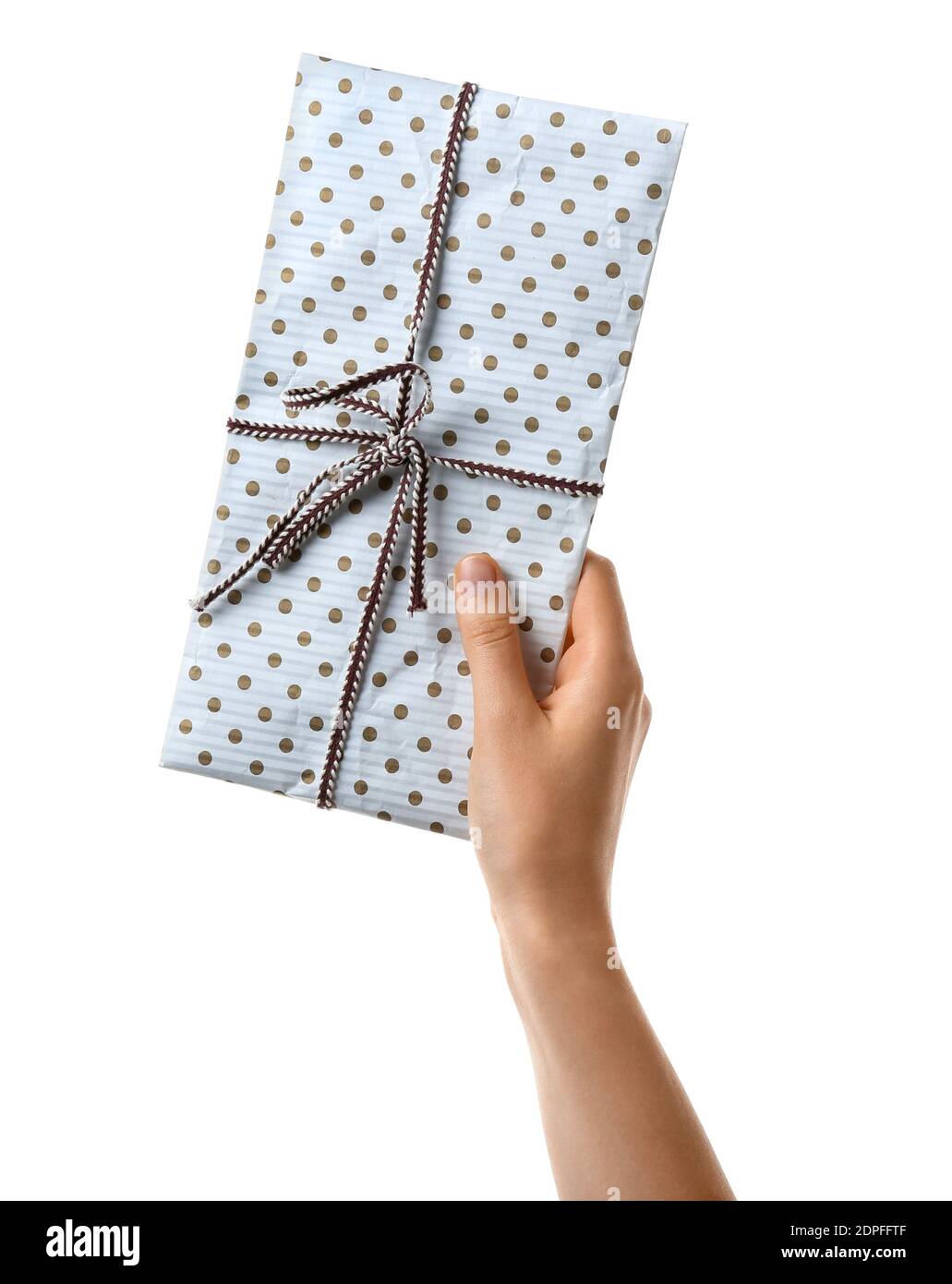 Hand with gift box on white background Stock Photo - Alamy