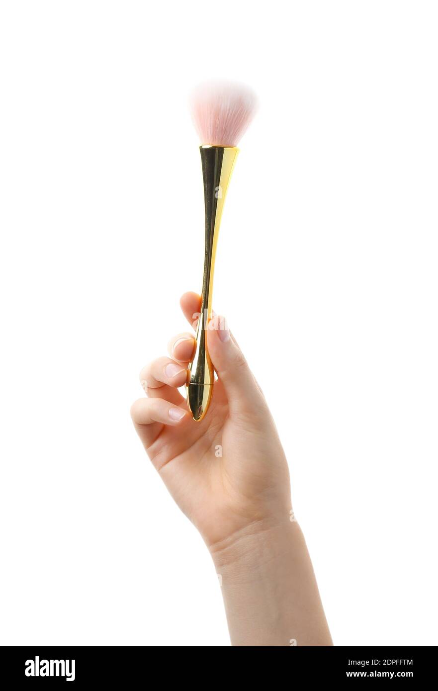 Hand with makeup brush on white background Stock Photo - Alamy