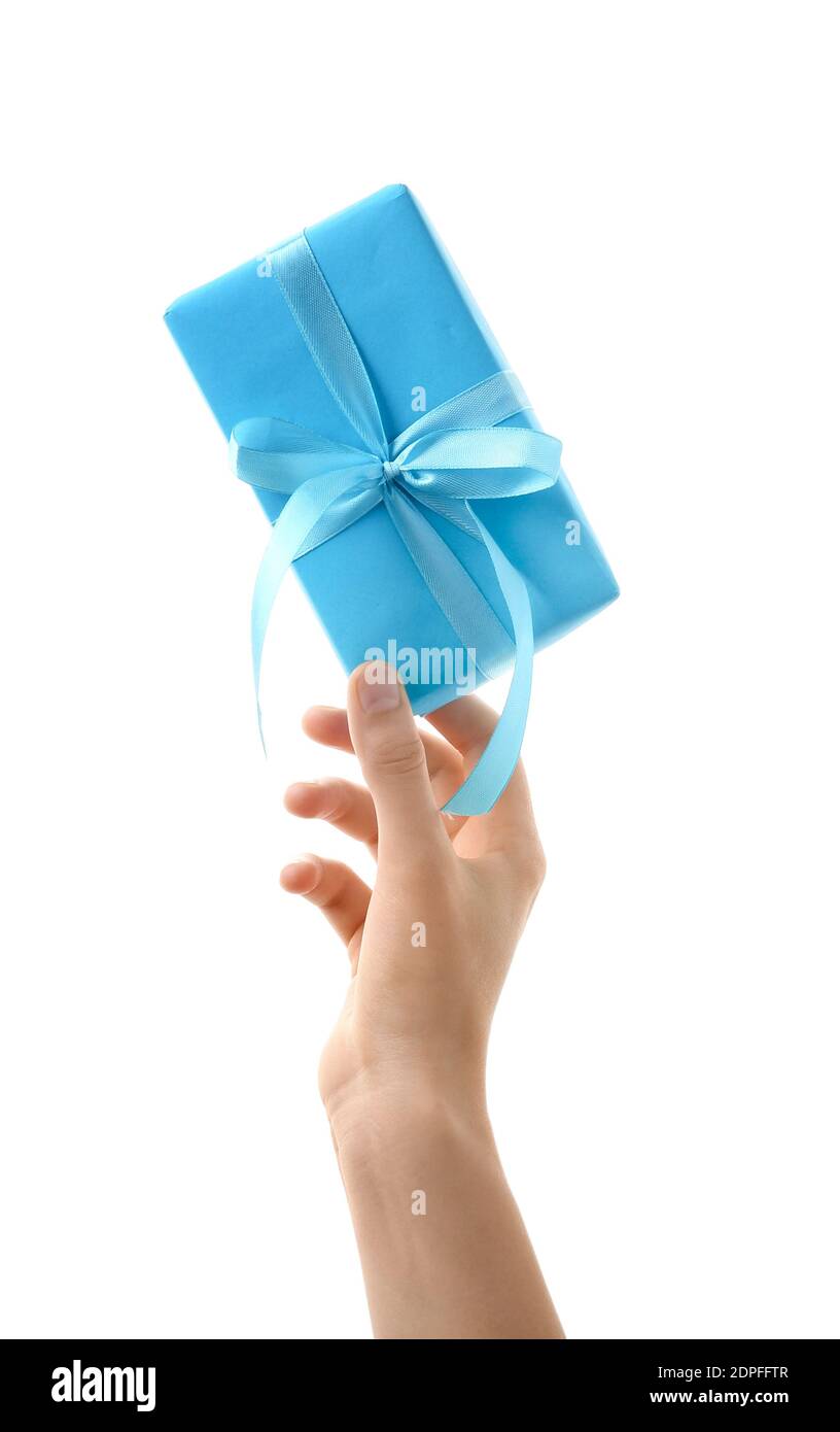 Hand with gift box on white background Stock Photo - Alamy