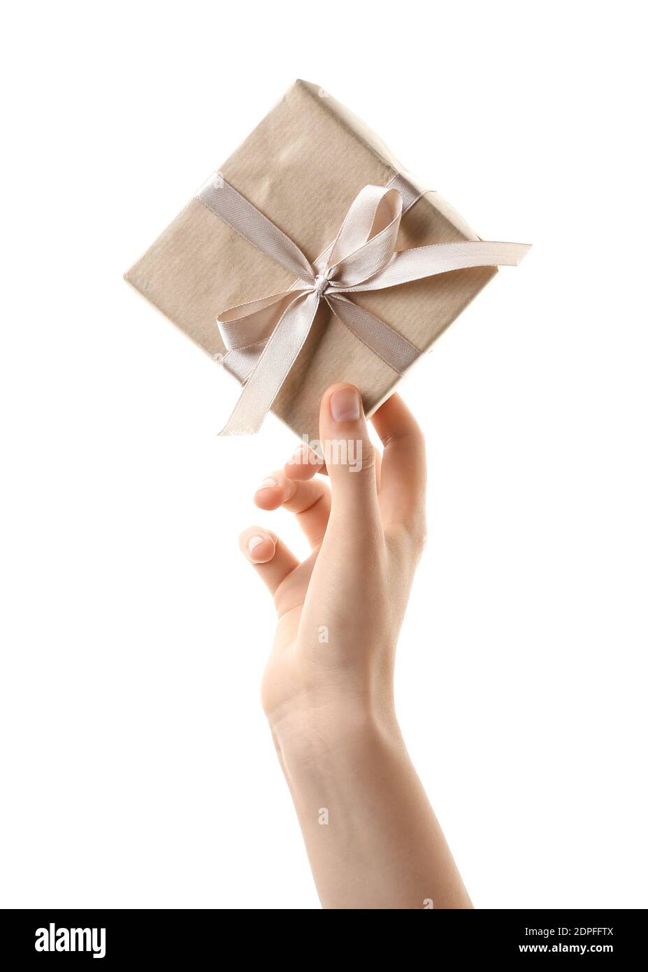Hand with gift box on white background Stock Photo - Alamy