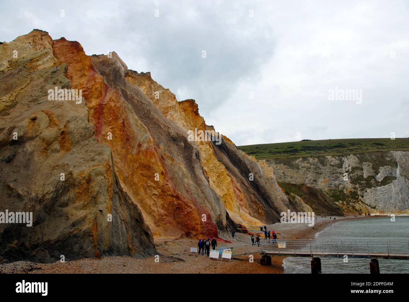 Part of the beach and the multi-colored sands in the cliffs, Alum Bay ...