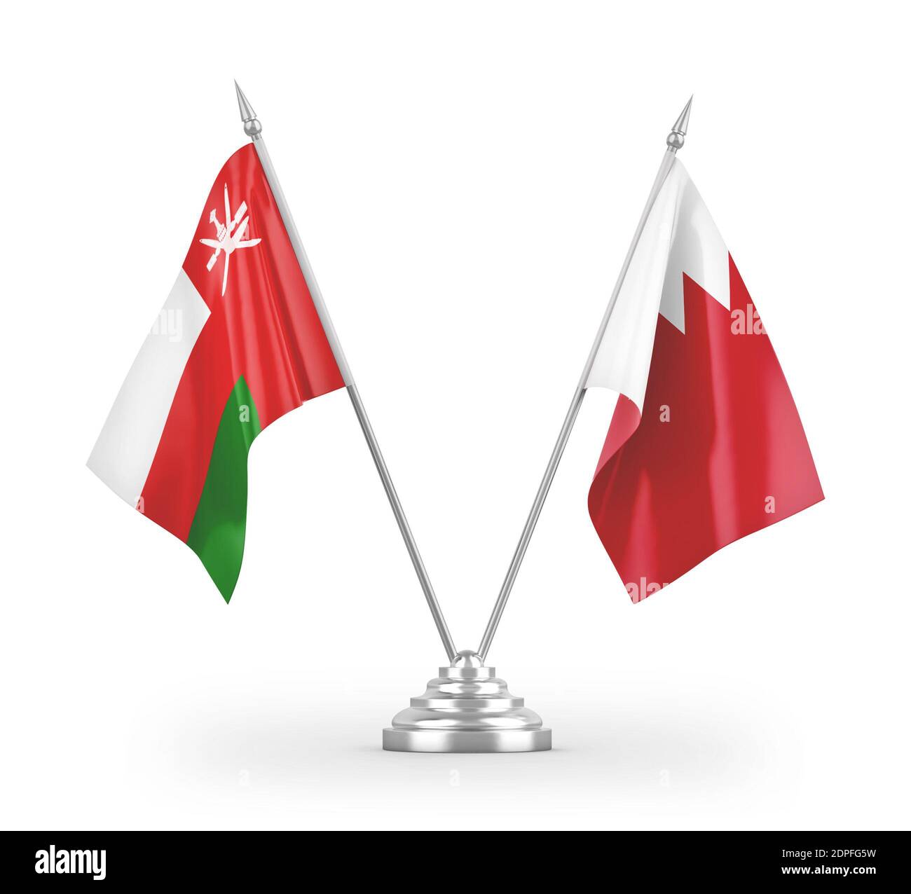 Bahrain and Oman table flags isolated on white 3D rendering Stock Photo ...