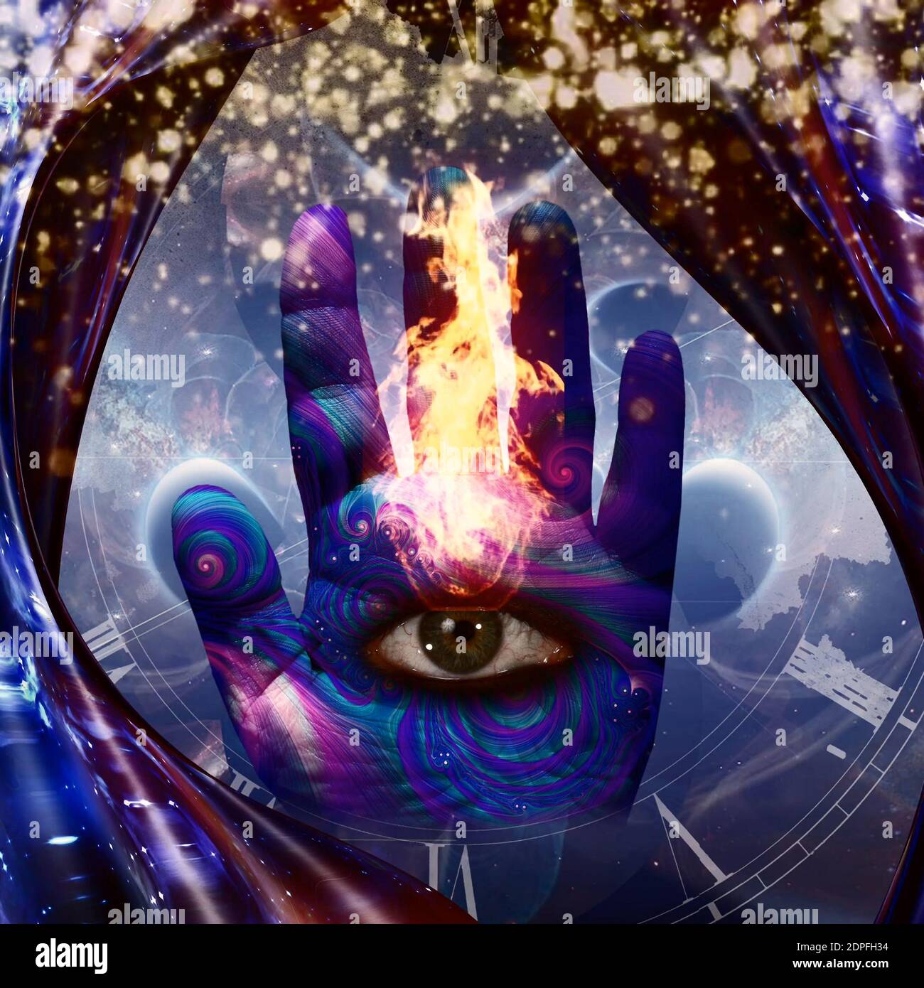 Surreal composition. Eye in human palm. Warped space. 3D rendering ...