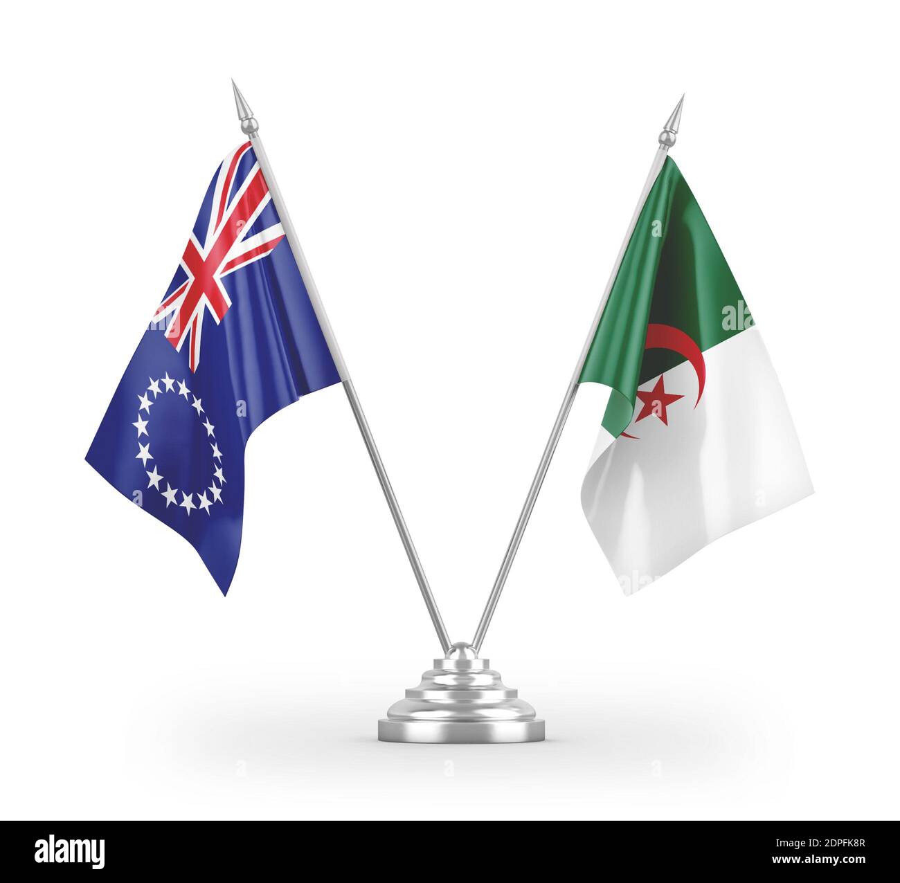 Algeria and Cook Islands table flags isolated on white 3D rendering ...