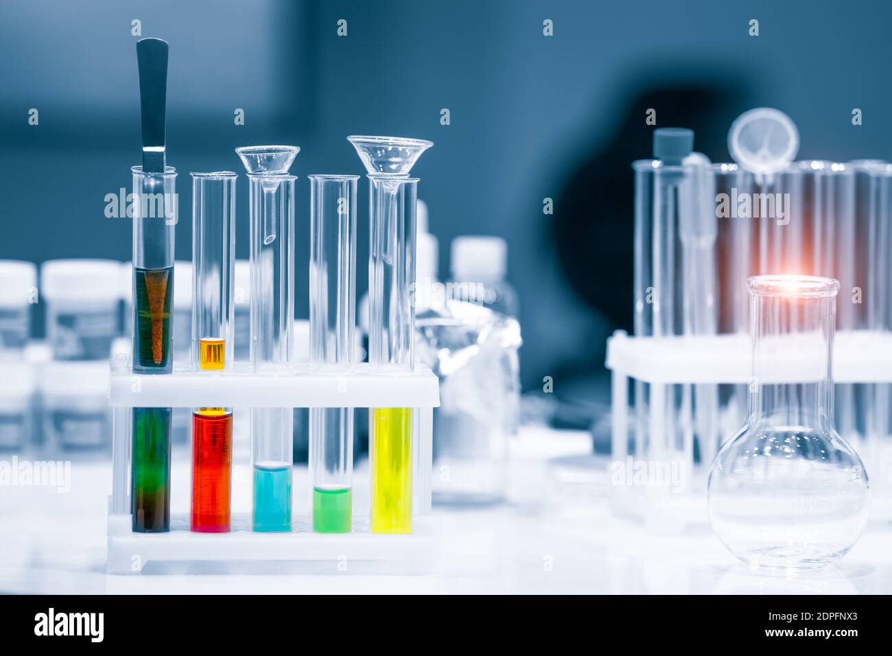 Glass laboratory chemical test tubes with liquid for analytical ...