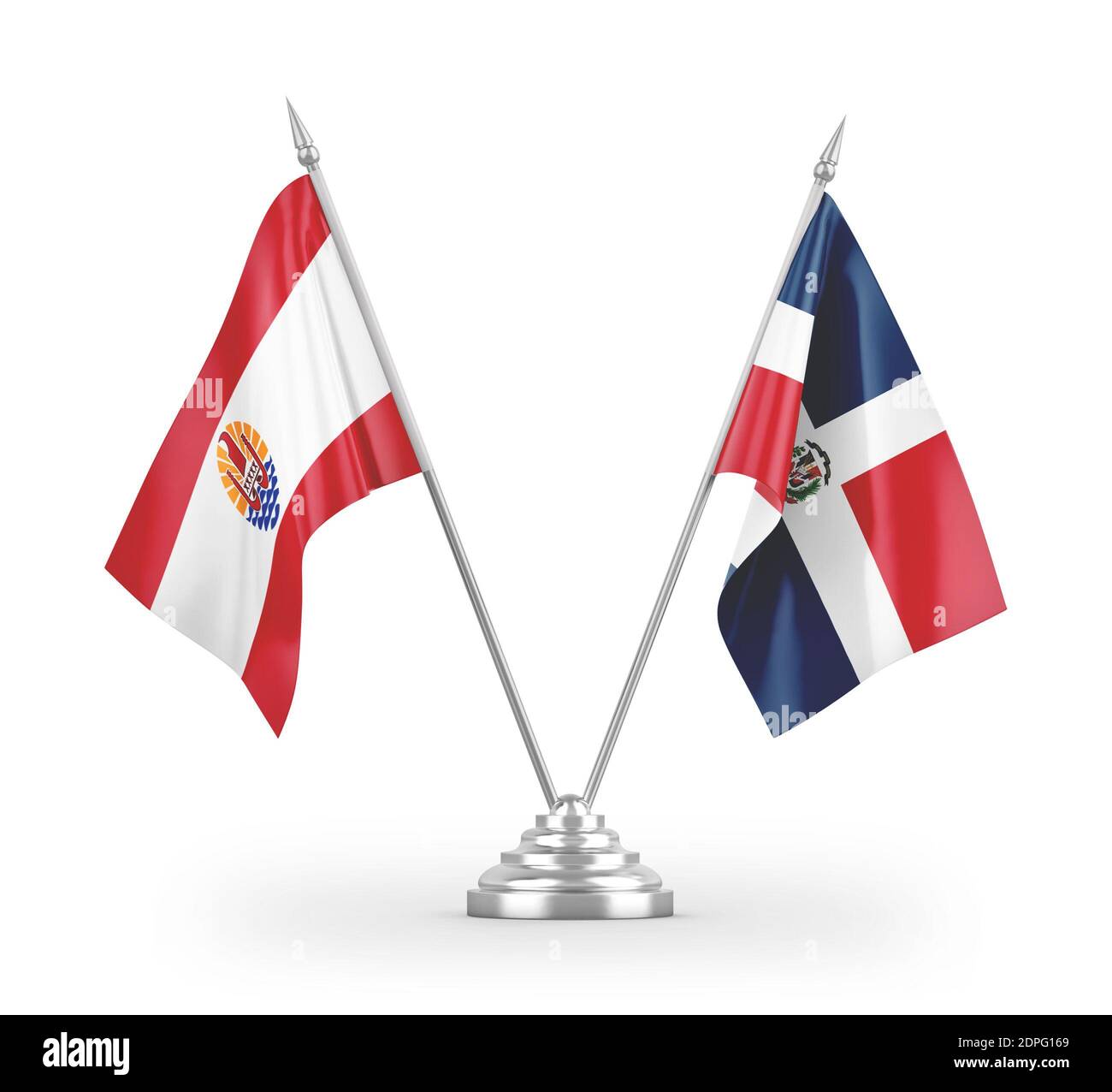 Dominican Republic and French Polynesia table flags isolated on white ...