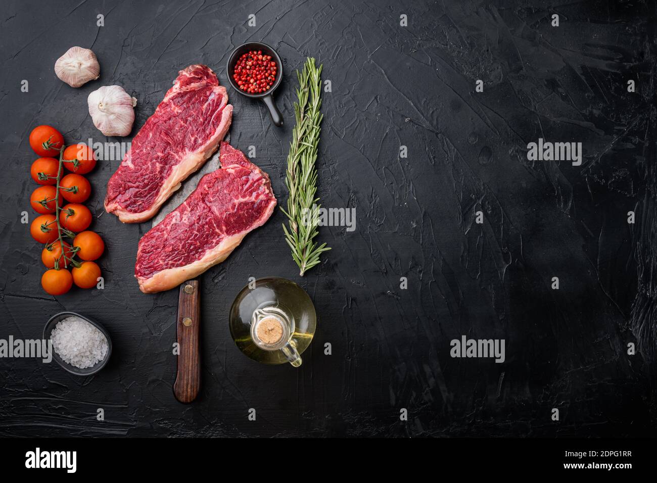 Kansas city raw organic beef steak cut, on black background, top view ...