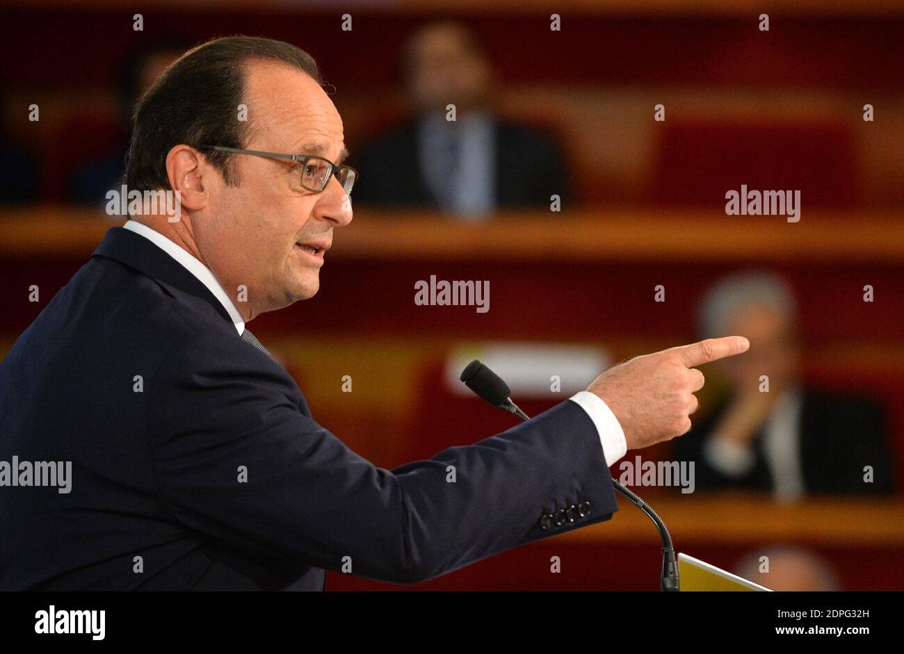 French President Francois Hollande delivers his speech during the ...