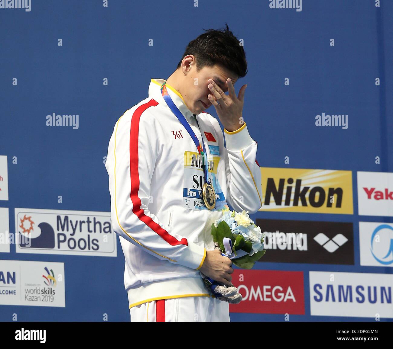 Sun Yang cries on the podium during 16th FINA World Championships in ...