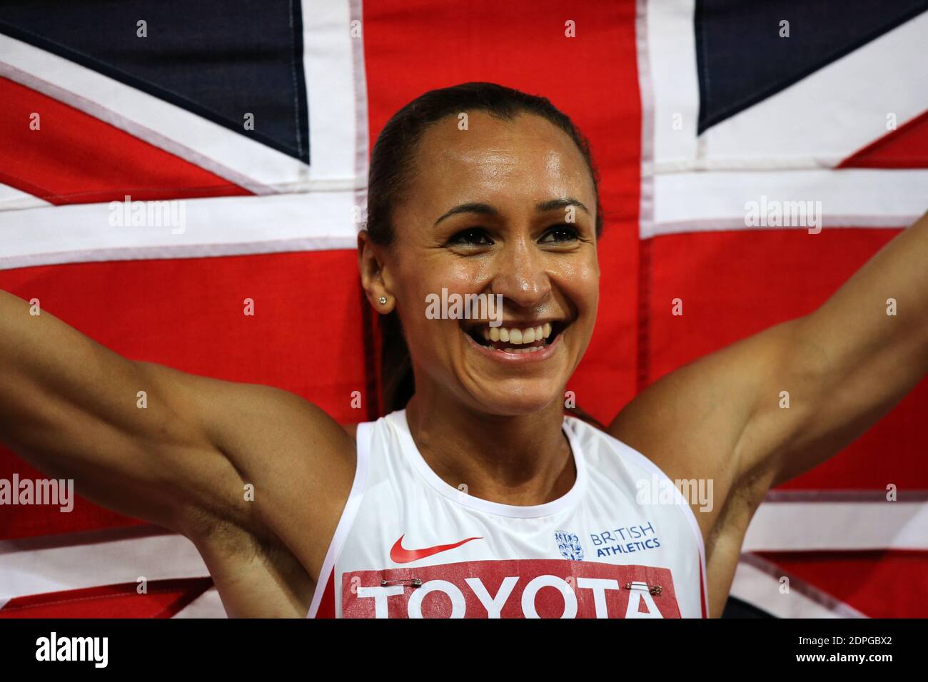 Jessica Ennis-Hill of Great Britain has just won the heptathlon during ...