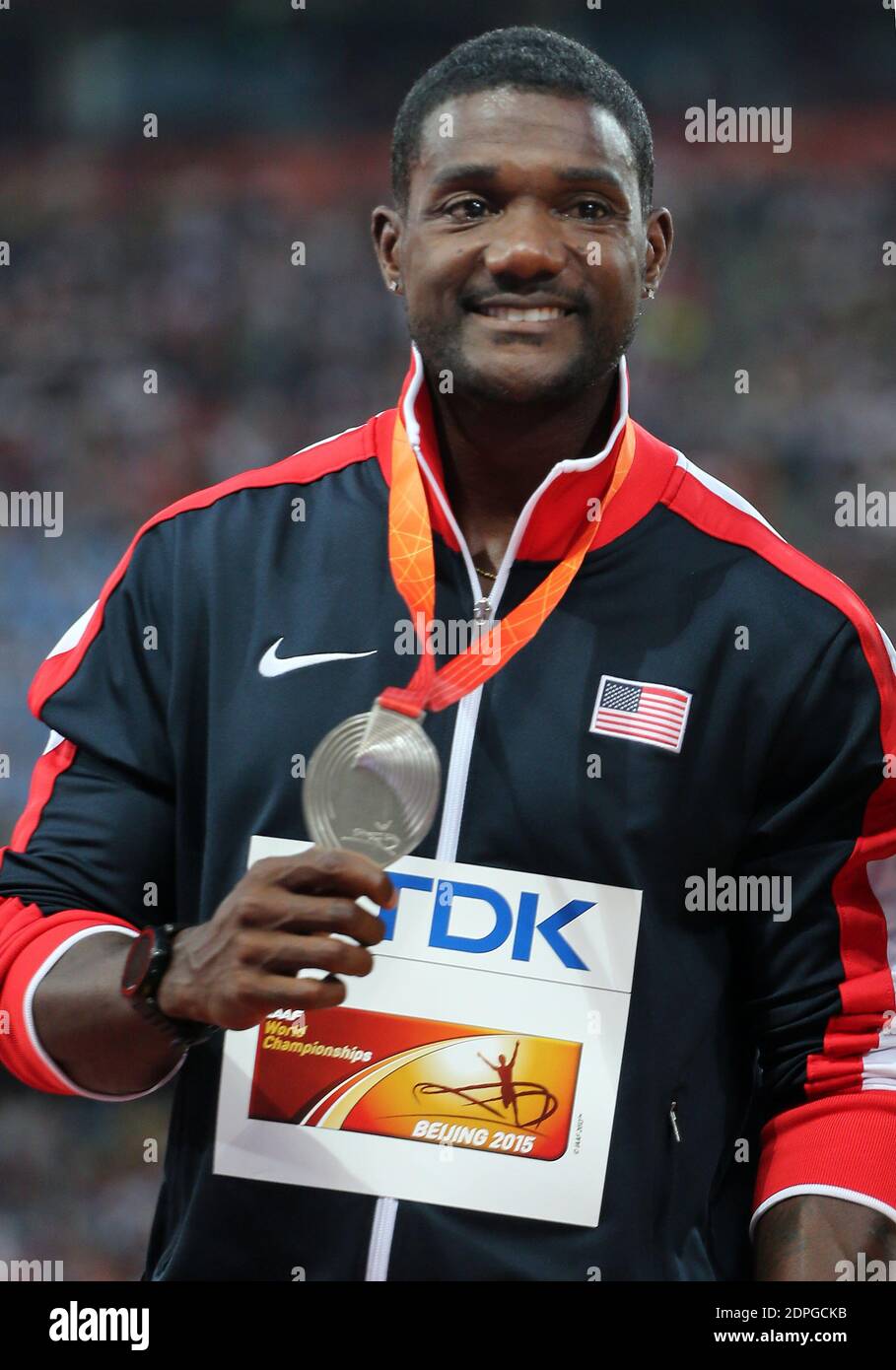Justin Gatlin of the USA with his 100 m´s silver medal at the 2015 IAAF ...