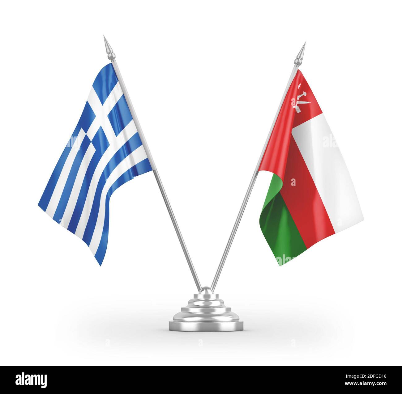 Oman and Greece table flags isolated on white 3D rendering Stock Photo ...