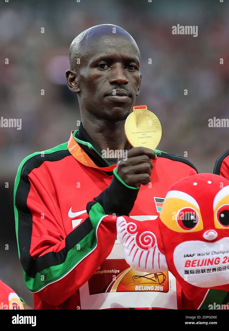 Ezekiel KEMBOI of Kenya ,the winner of the 3000 m. steeplece,showing ...
