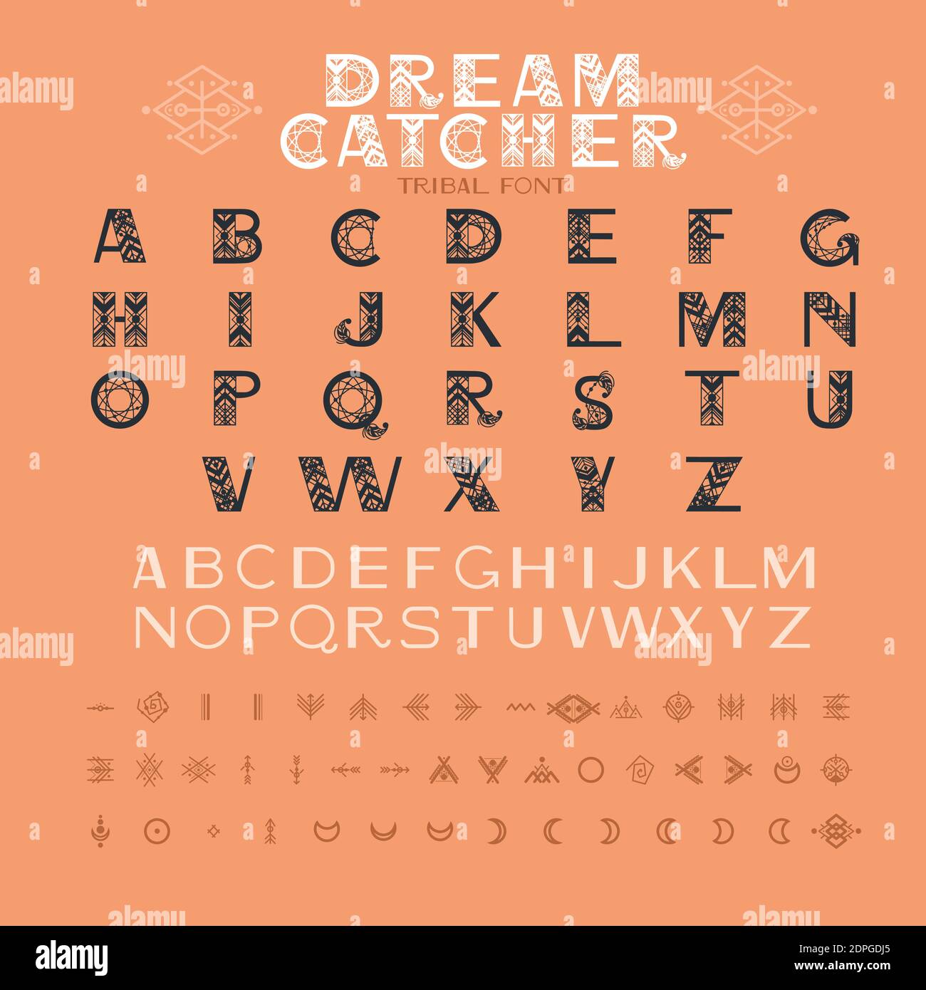 Tribal Alphabet and ornaments. Letters and symbols in geometric ethnic ...