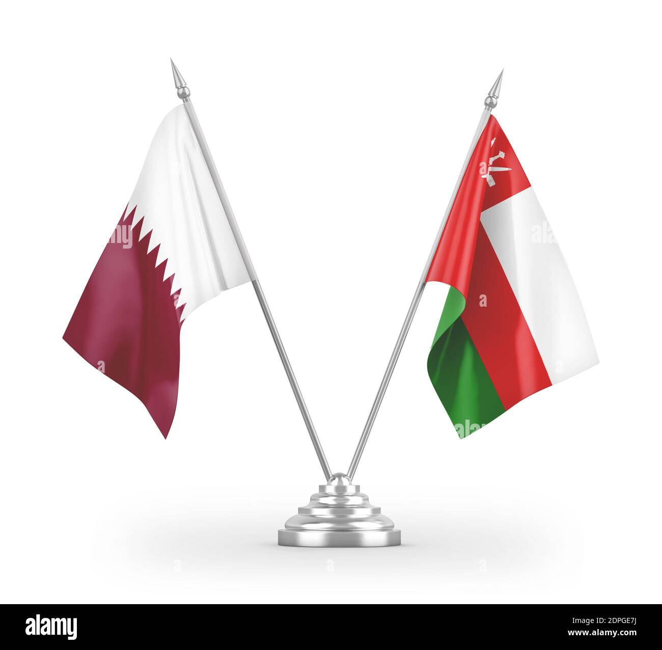 Oman and Qatar table flags isolated on white 3D rendering Stock Photo ...