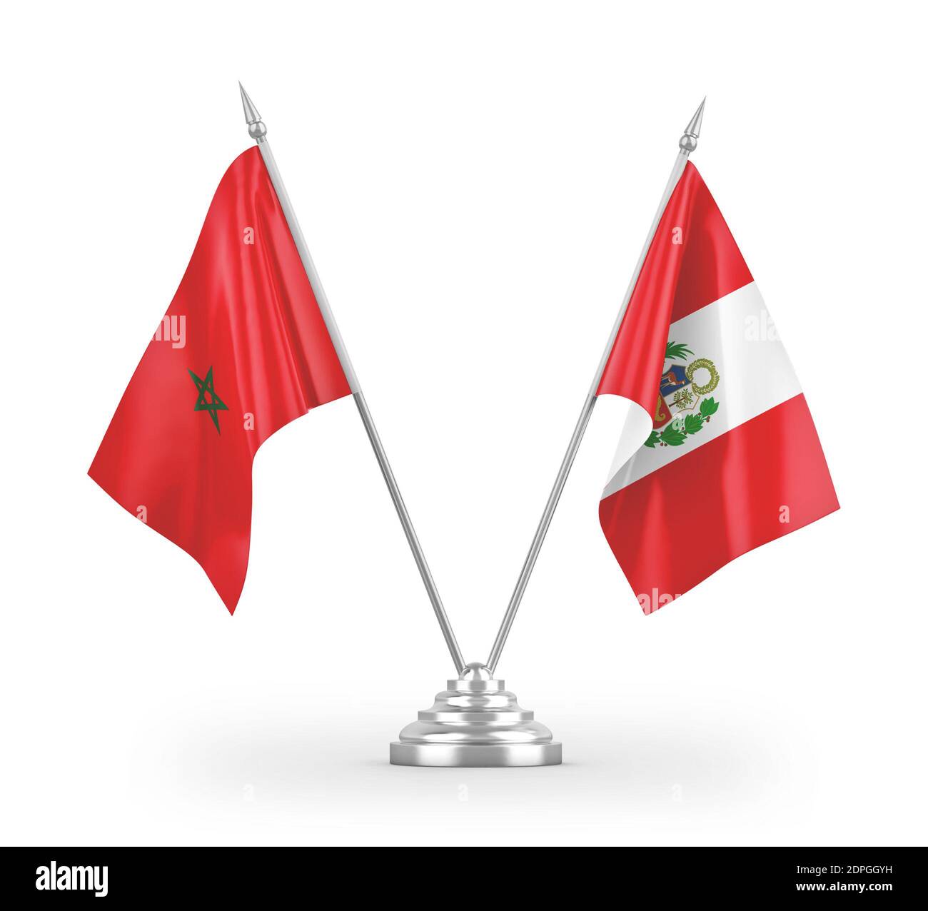 Peru and Morocco table flags isolated on white 3D rendering Stock Photo ...