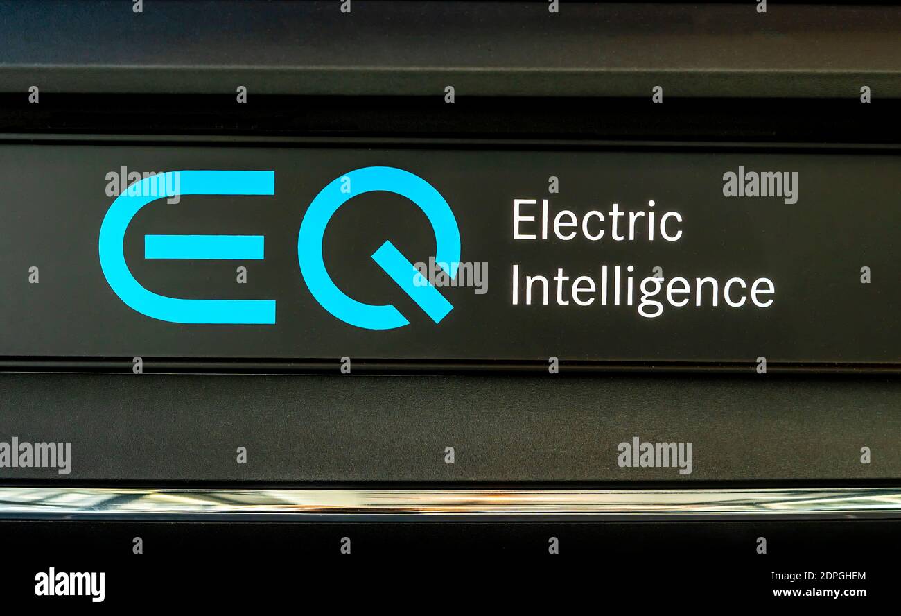 Antibes, France 19.11.2020 Blue EQ sub-brand logo from Mercedes-Benz ...