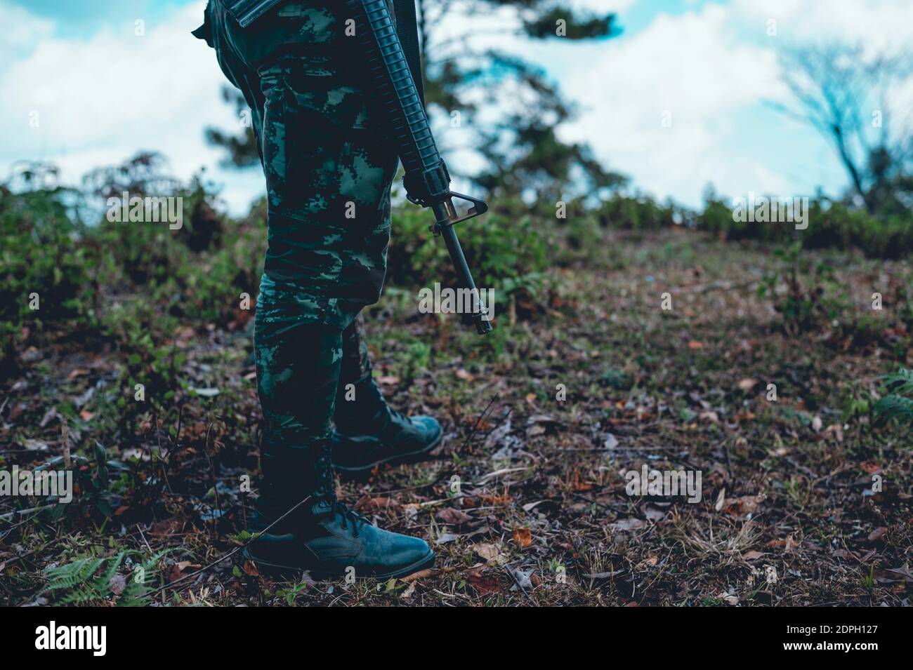 Low Section Of Soldier Standing By Plants Stock Photo - Alamy