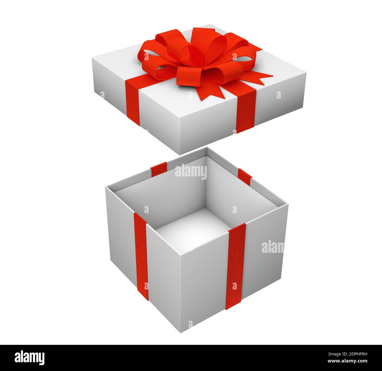 Open empty box for gifts with red ribbon isolated on white background ...