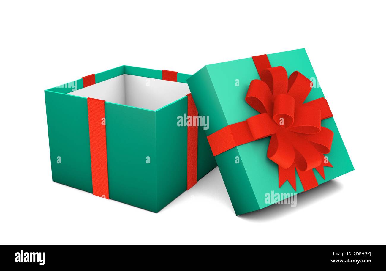 Open empty green gift box with red ribbon isolated on white background ...