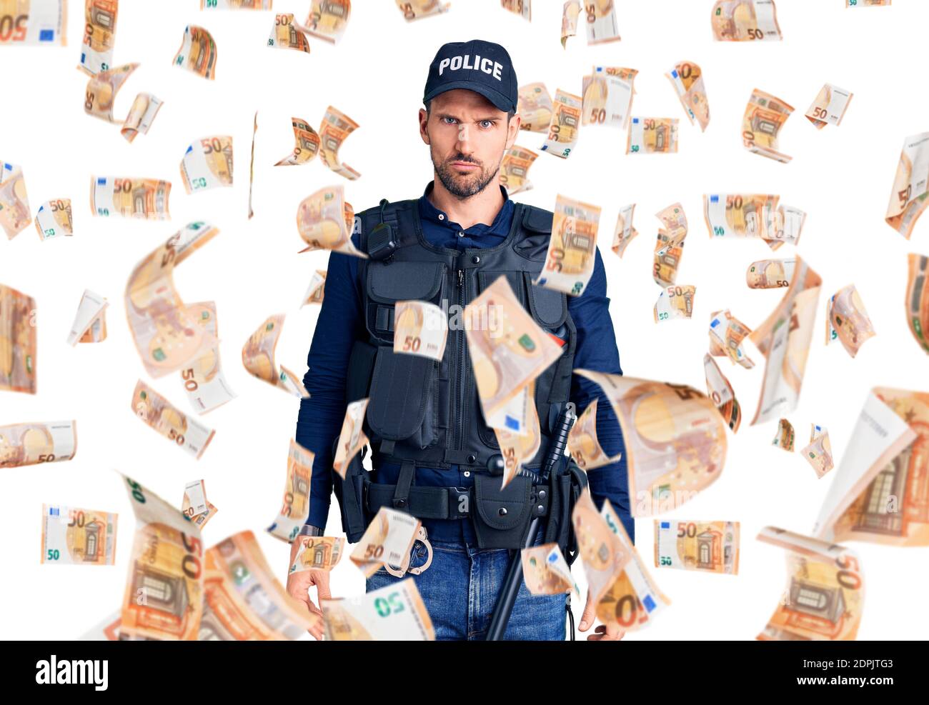 Young handsome man wearing police uniform skeptic and nervous, frowning ...