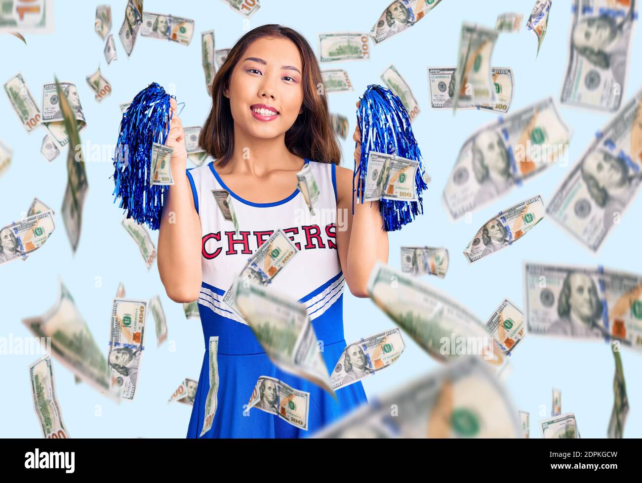 Young Beautiful Chinese Girl Wearing Cheerleader Uniform Holding Pompom 7376