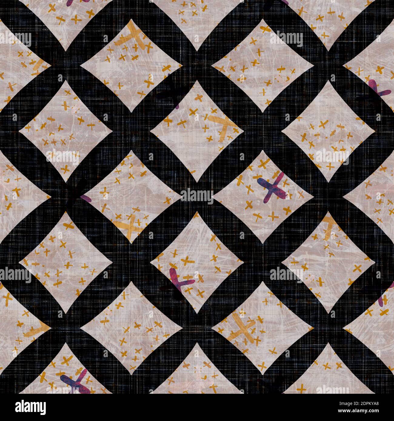 Seamless dark check mosaic block print background. Boho ethnic soft ...